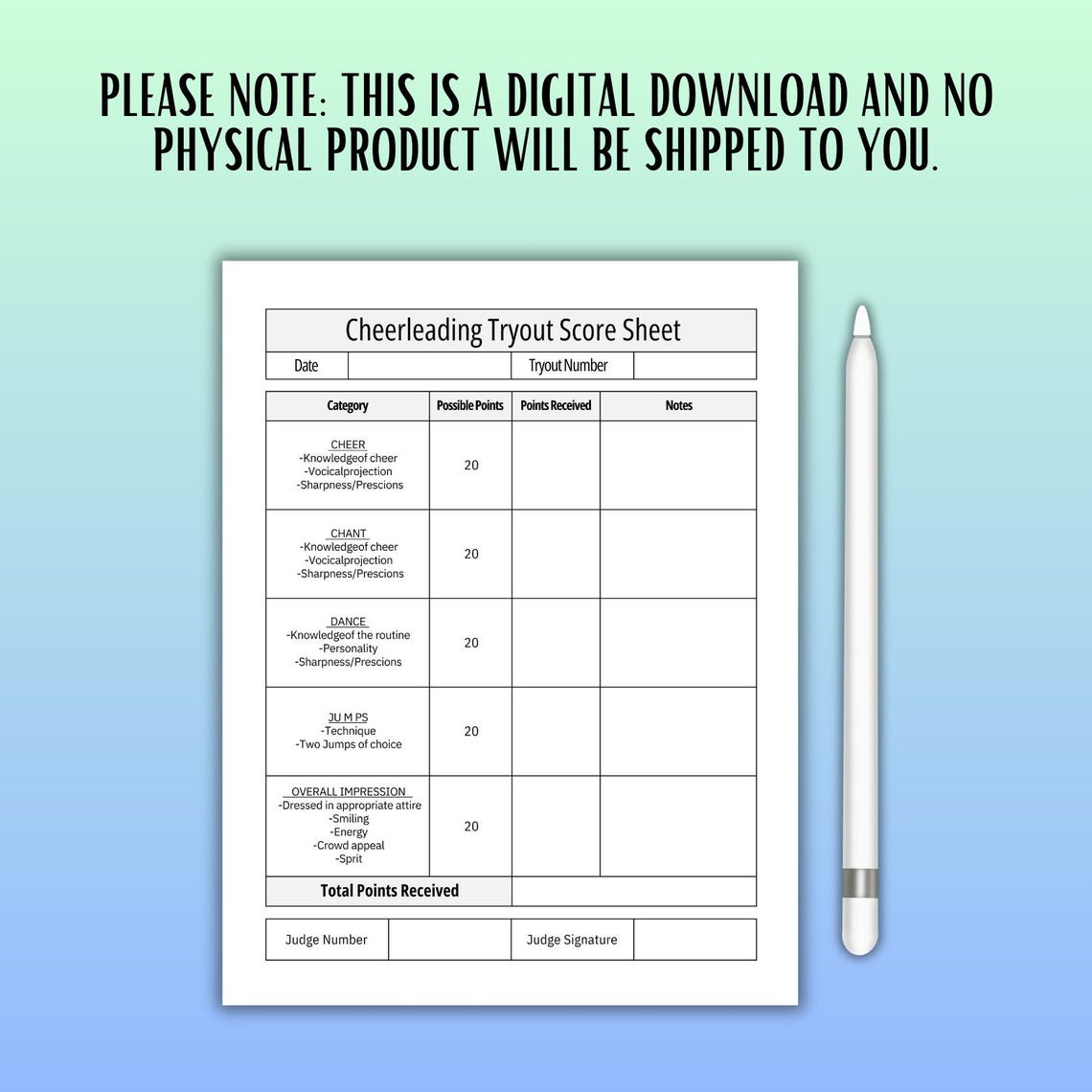 Cheerleading Tryout Score Sheet, Cheer Evaluation Sheets, Cheerleader ...