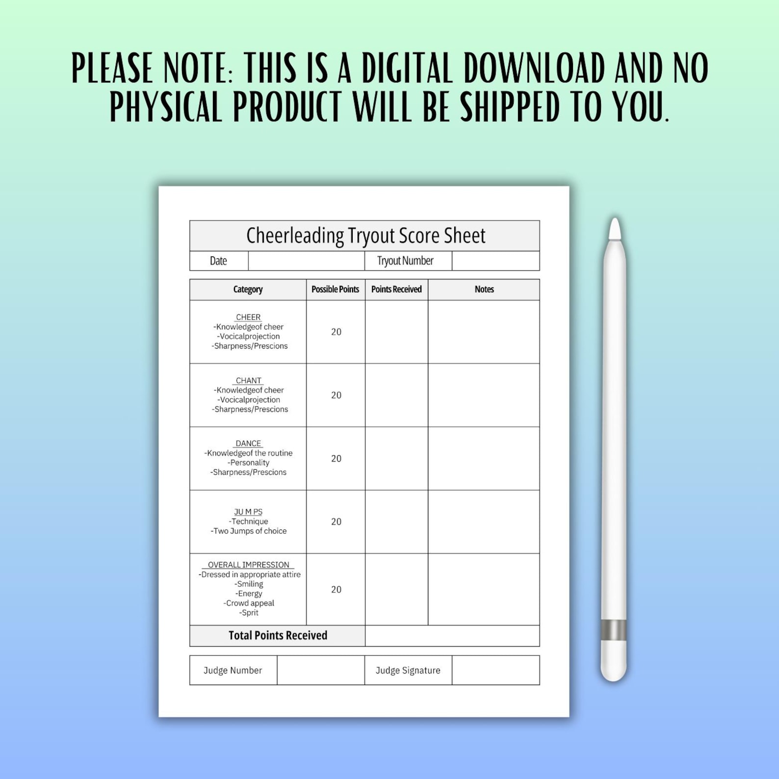 Cheerleading Tryout Score Sheet, Cheer Evaluation Sheets, Cheerleader ...