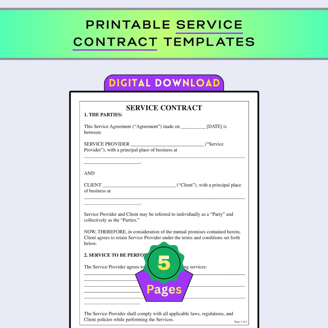 Printable Service Contract Template, Business Service Agreement Form ...