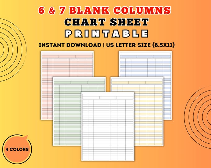 Blank Column Chart Printable: 6 & 7 Columns (US Letter) (digital ...