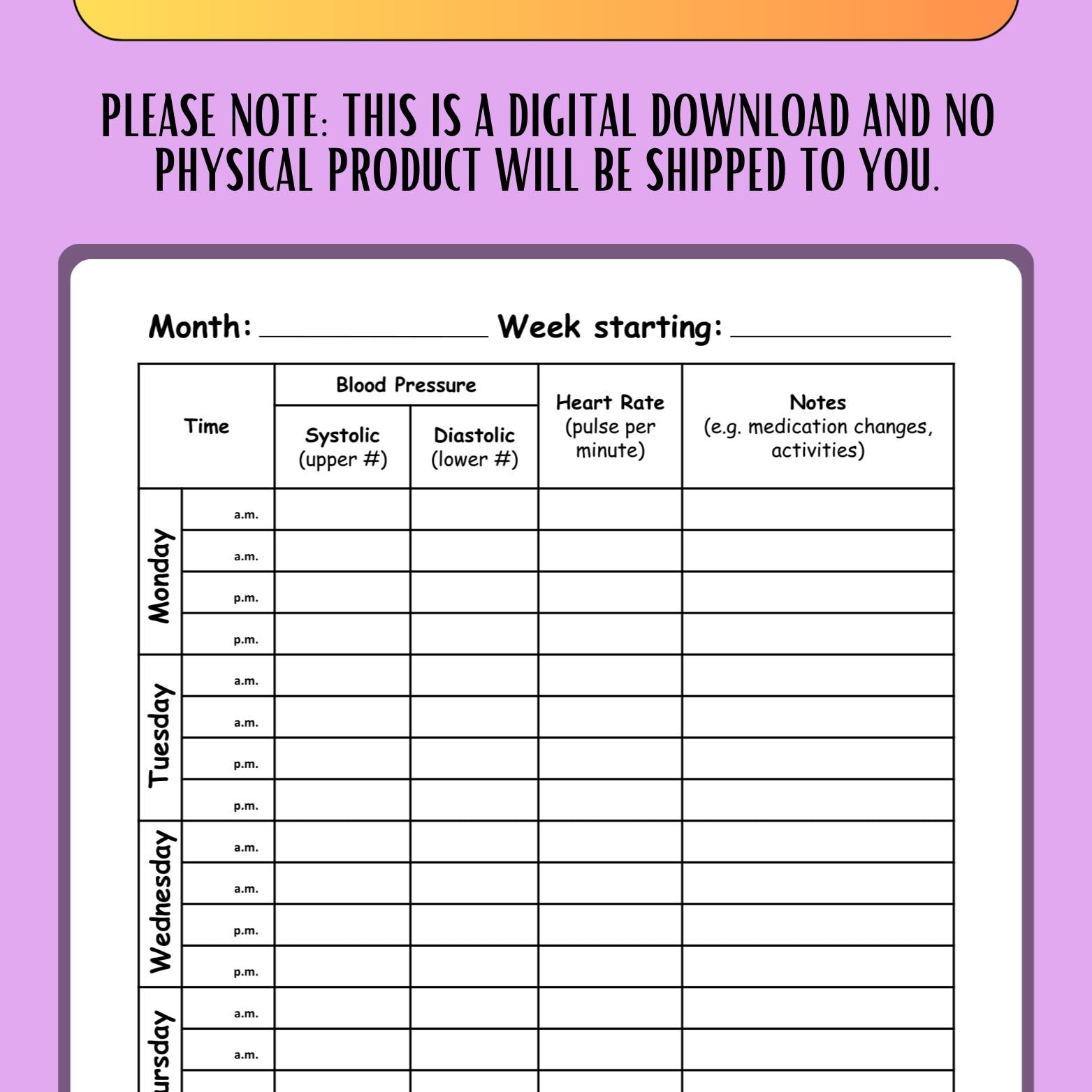 Blood Pressure Log Printable, Daily BP Tracker Sheet, Blood Pressure ...