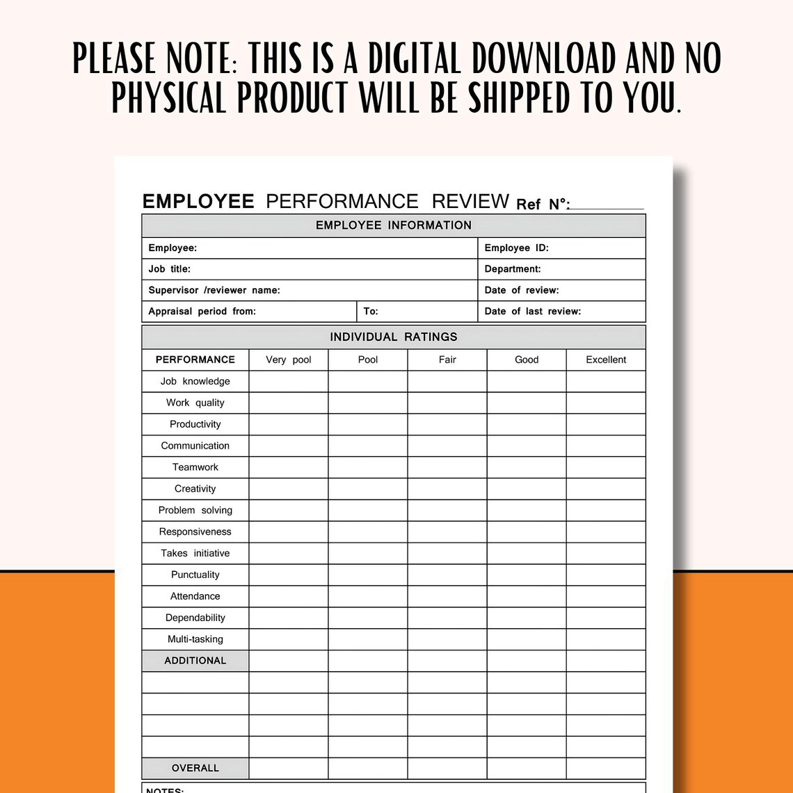 Employee Performance Review Template, Employee Evaluation, Human ...