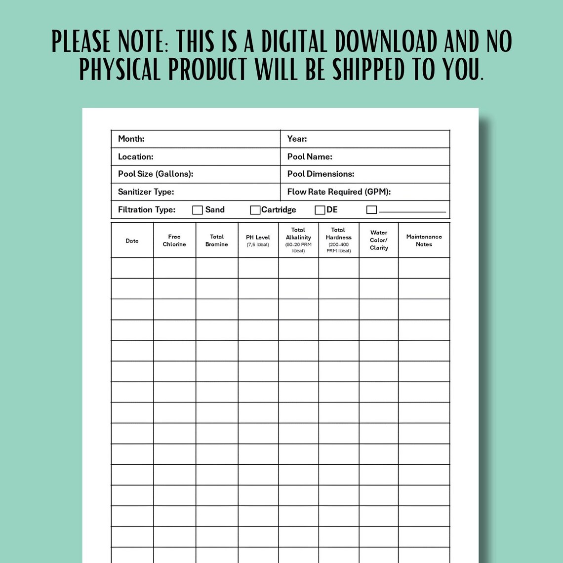 Pool Maintenance Template: Residential Pool Checklist (PDF & PNG) - Etsy