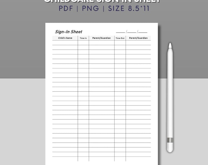 Childcare Sign in Sheet Template: Daily Attendance Tracker (PDF, PNG ...