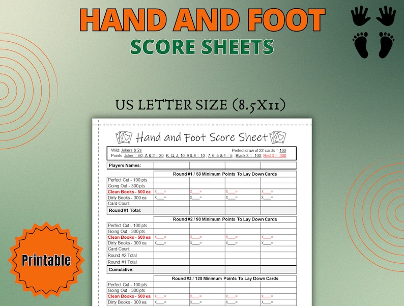 Hand and Foot Score Sheet: Printable Card Game Score Pad, Canasta Score ...