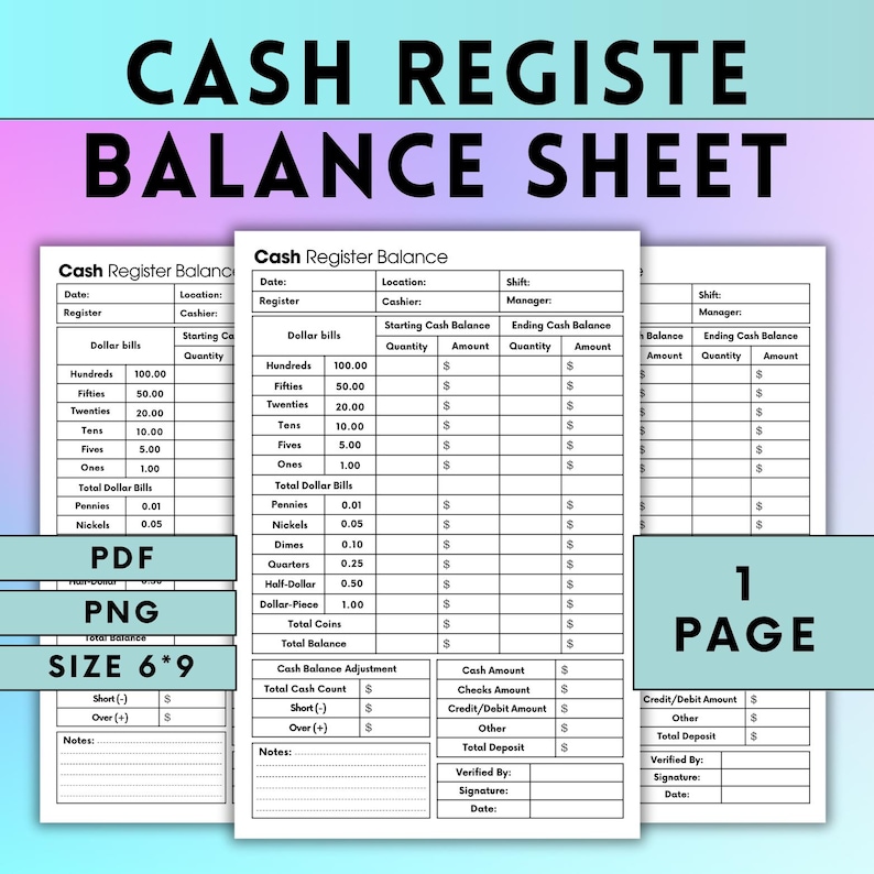 Cash Register Balance Sheet Printable, Daily Cash Log, Cash Drawer ...
