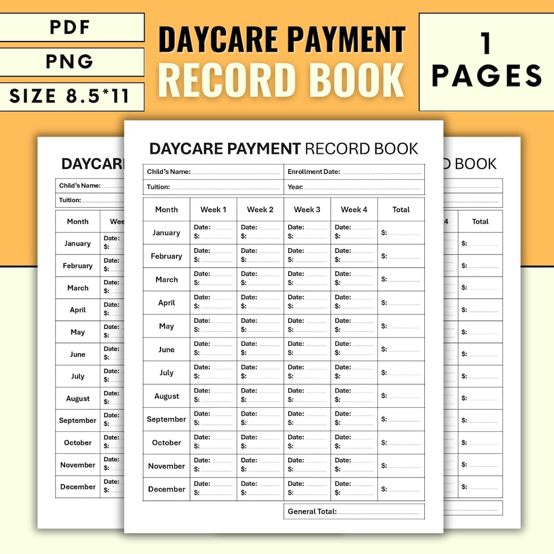 Daycare Payment Record Book, Weekly, Monthly Childcare Payment Tracker ...
