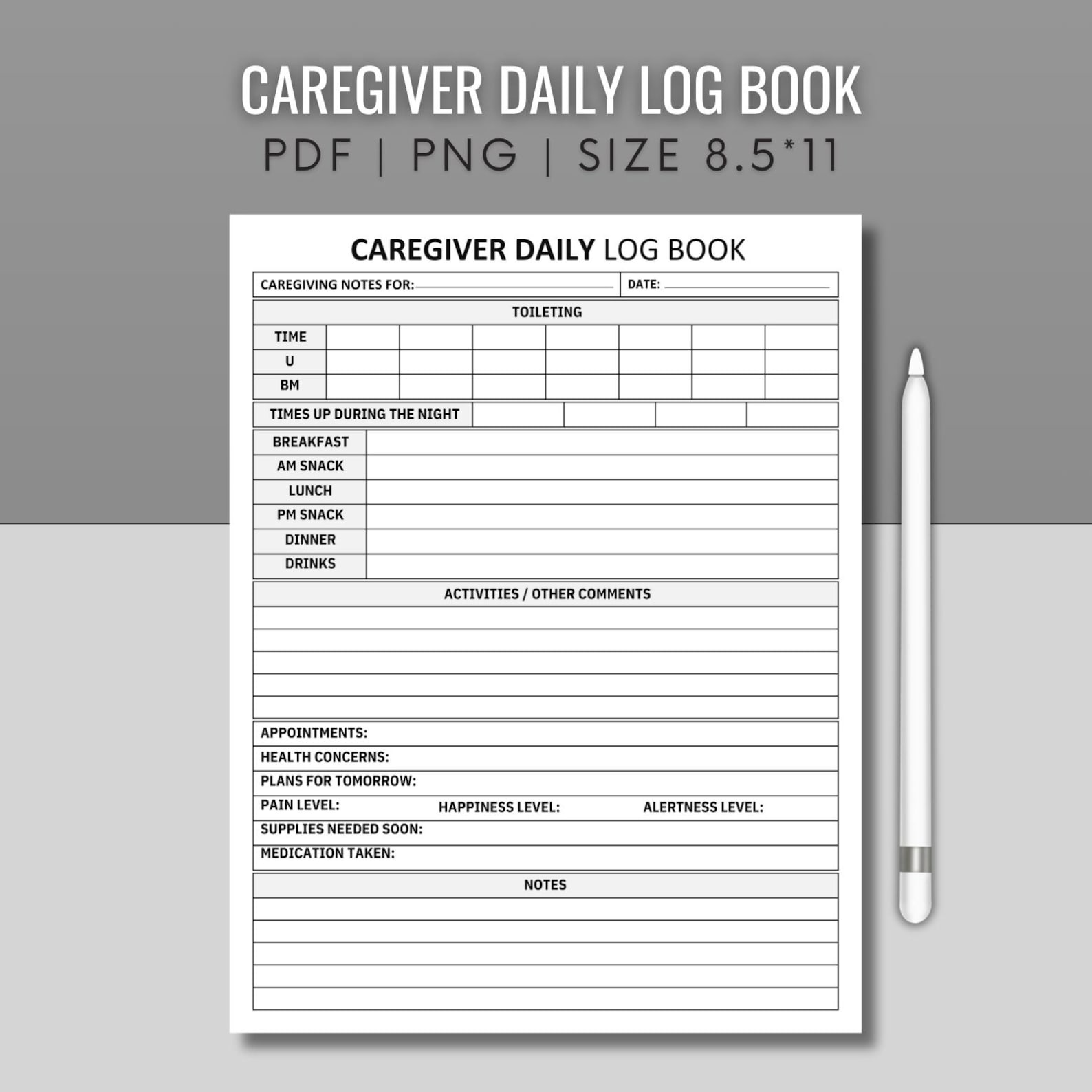 Printable Caregiver Daily Log: Senior Care Checklist (PDF, PNG) - Etsy