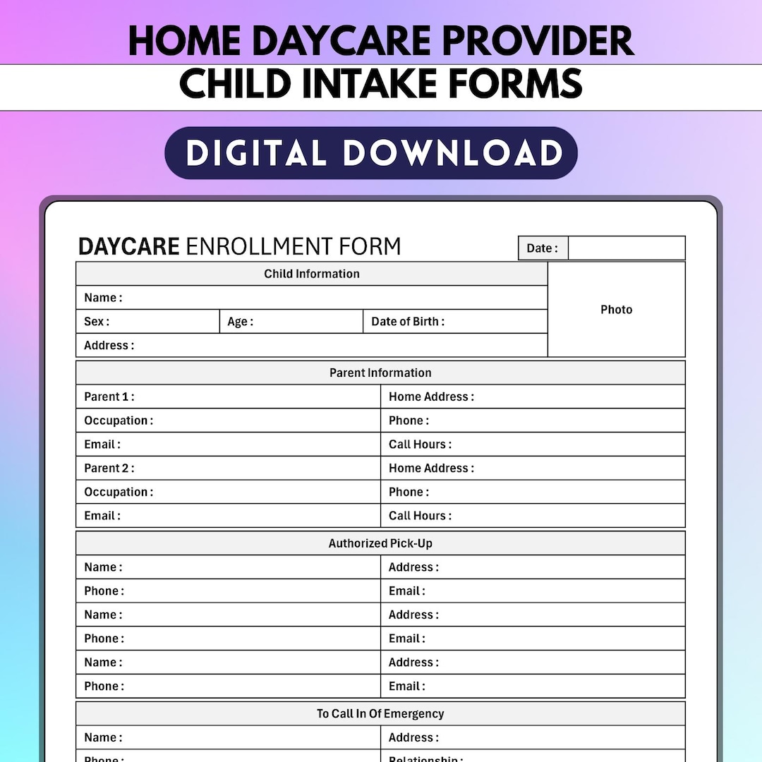 Home Daycare Childcare Client Intake Form Template | Childcare Provider ...