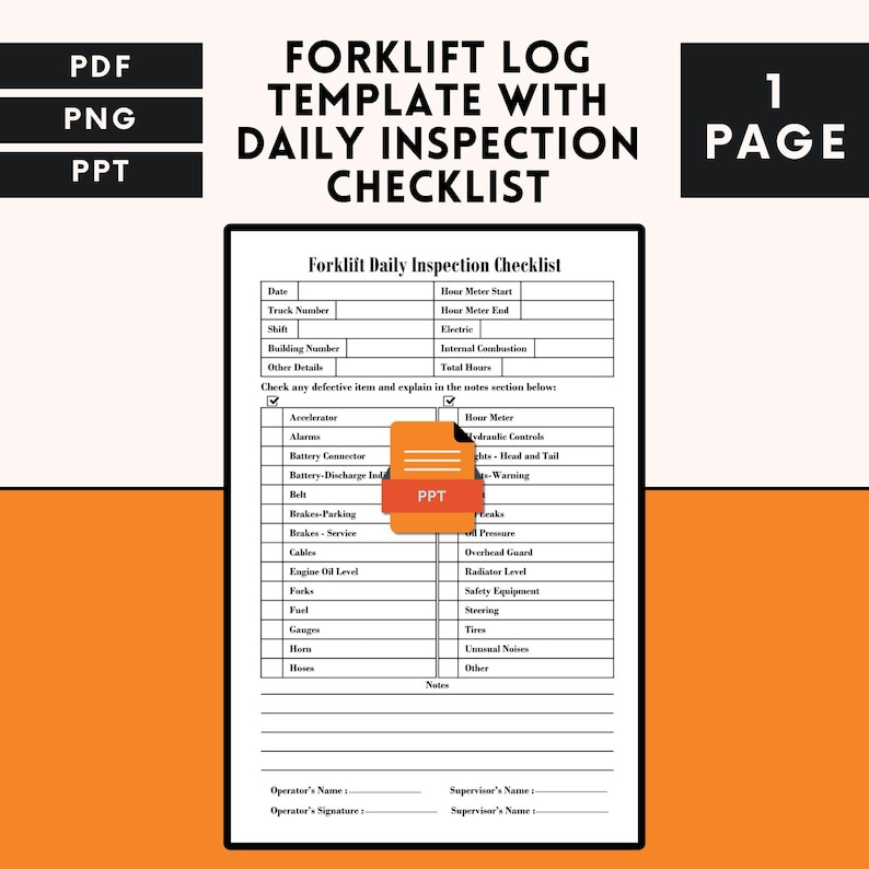 Forklift Daily Inspection Checklist Template (PDF, PNG, PPT) - Etsy ...