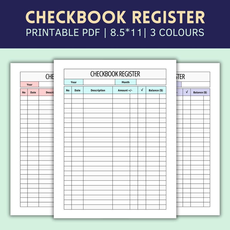 Checkbook Register Printable, Check Transaction Tracker, Check Register ...