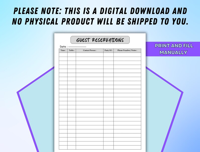Printable Table Reservation List, Restaurant Guest Reservation Booking ...