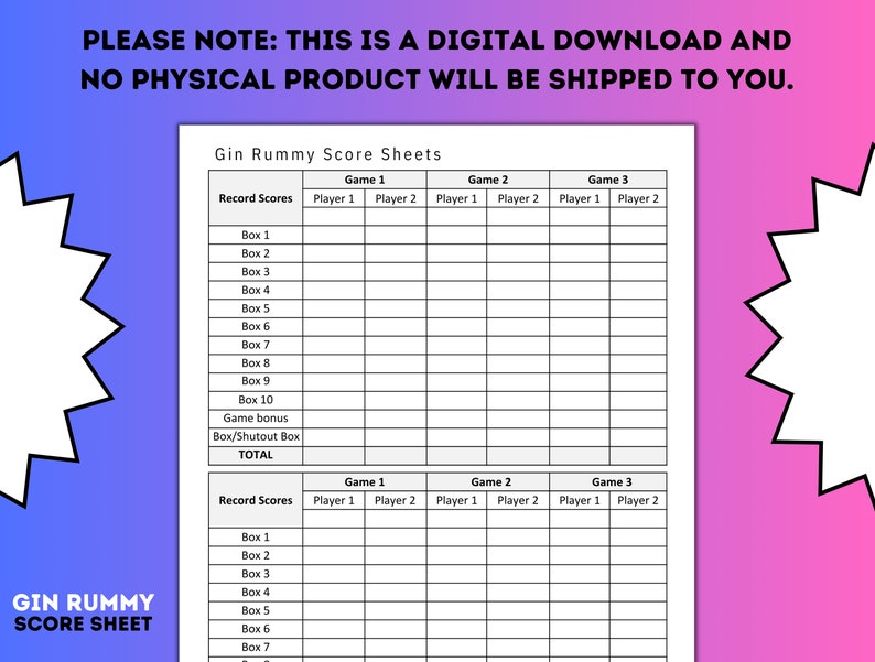 Gin Rummy Score Card - Gin Rummy Score Keeper - Gin Rummy Score Pads ...