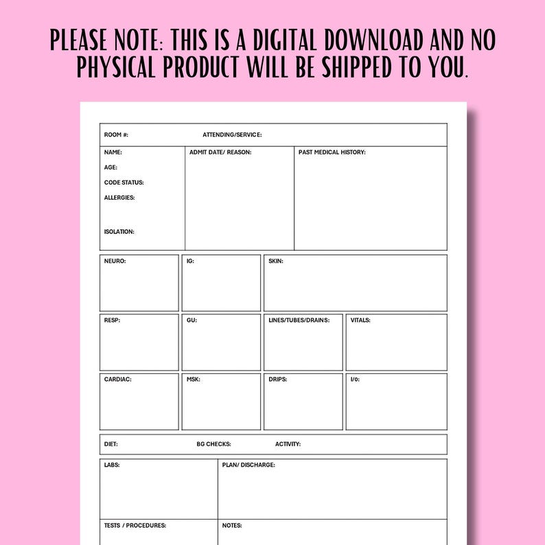 Nurse Report Sheet Template: Patient Care, Med Surg (PDF & PNG) - Etsy