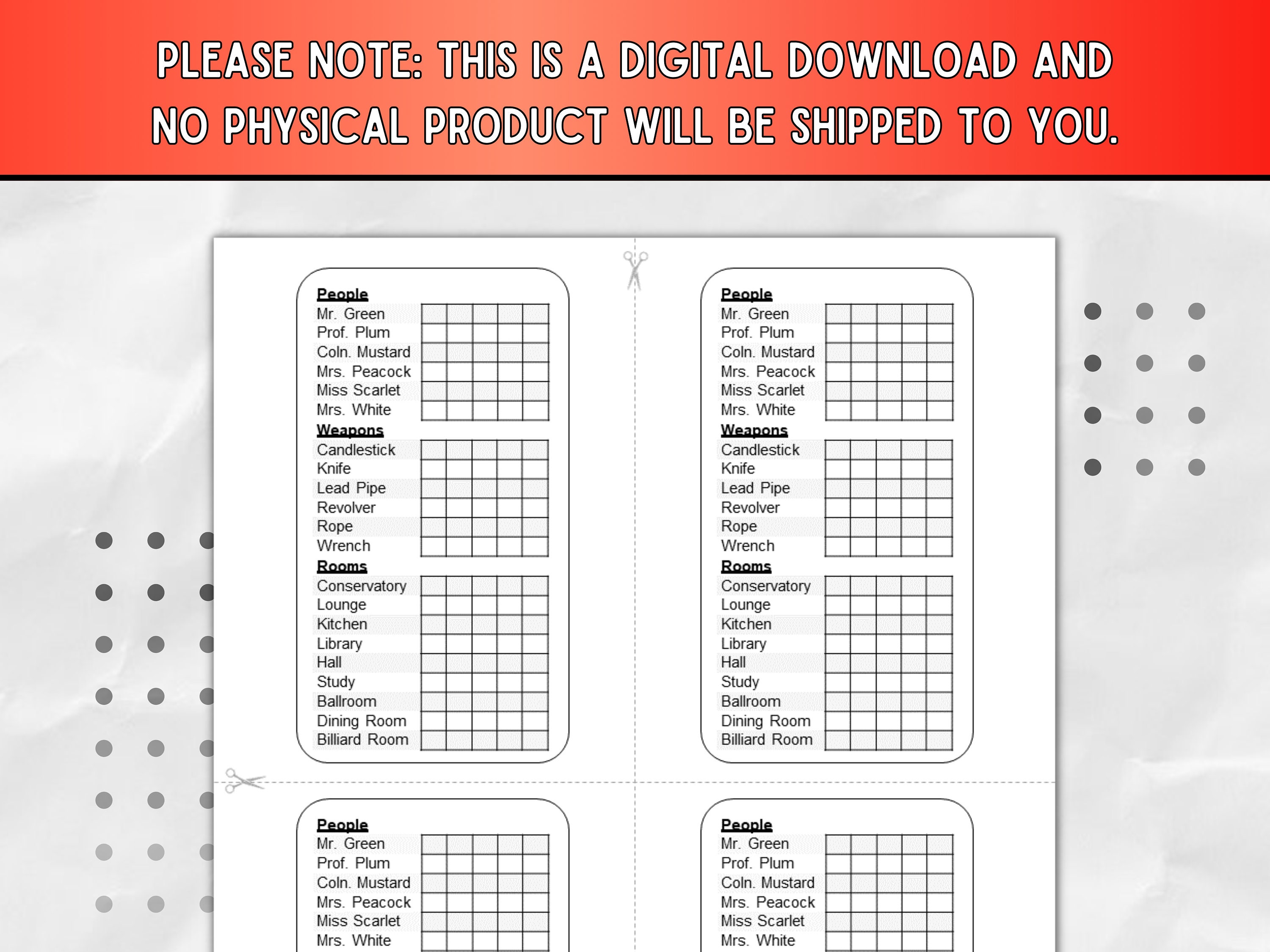 Clue Score Card - Clue Scoresheet - Clue Detective Score Cards-refill ...