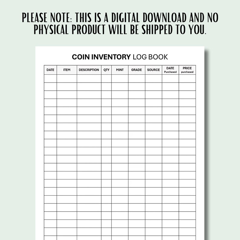 Coin Collection Inventory Log Template PDF & PNG, Coin Tracker for ...