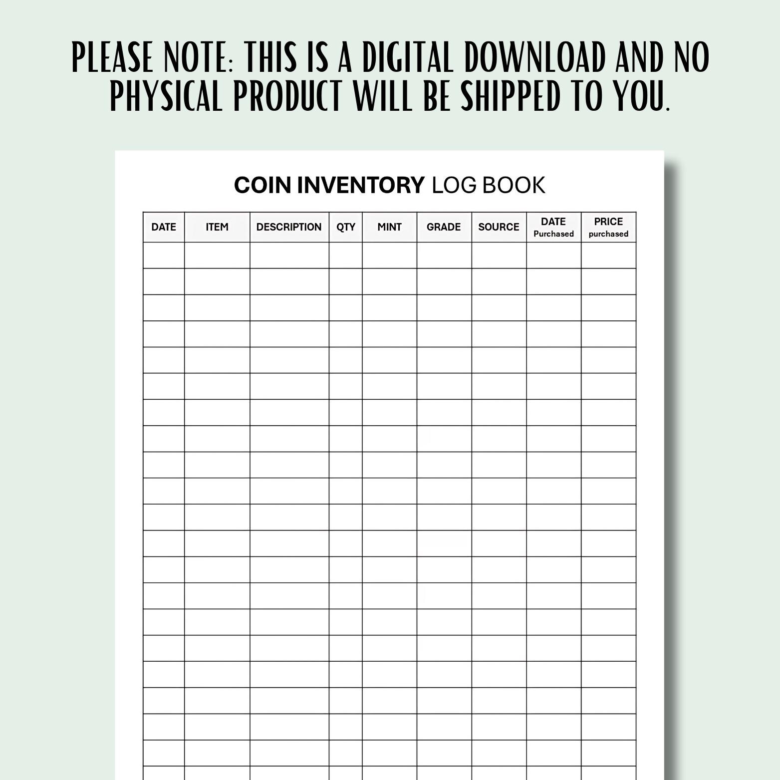 Coin Collection Inventory Log Template PDF & PNG, Coin Tracker for ...