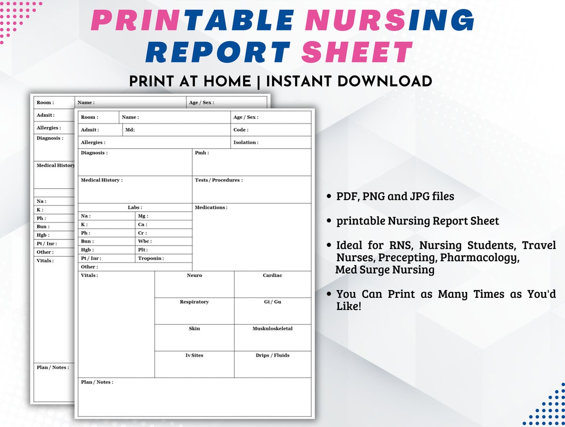 Printable Nursing Report Sheet, Nursing Study Guide, Registered Nurse ...
