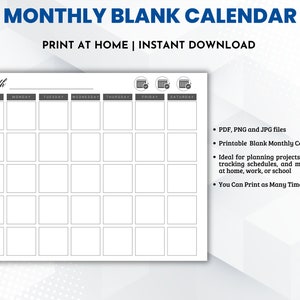 Monthly Blank Calendar Printable - Monday & Sunday Starts - Calendar ...