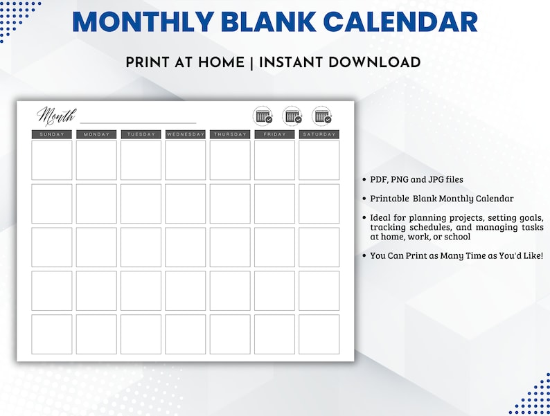 Monthly Blank Calendar Printable - Monday & Sunday Starts - Calendar ...