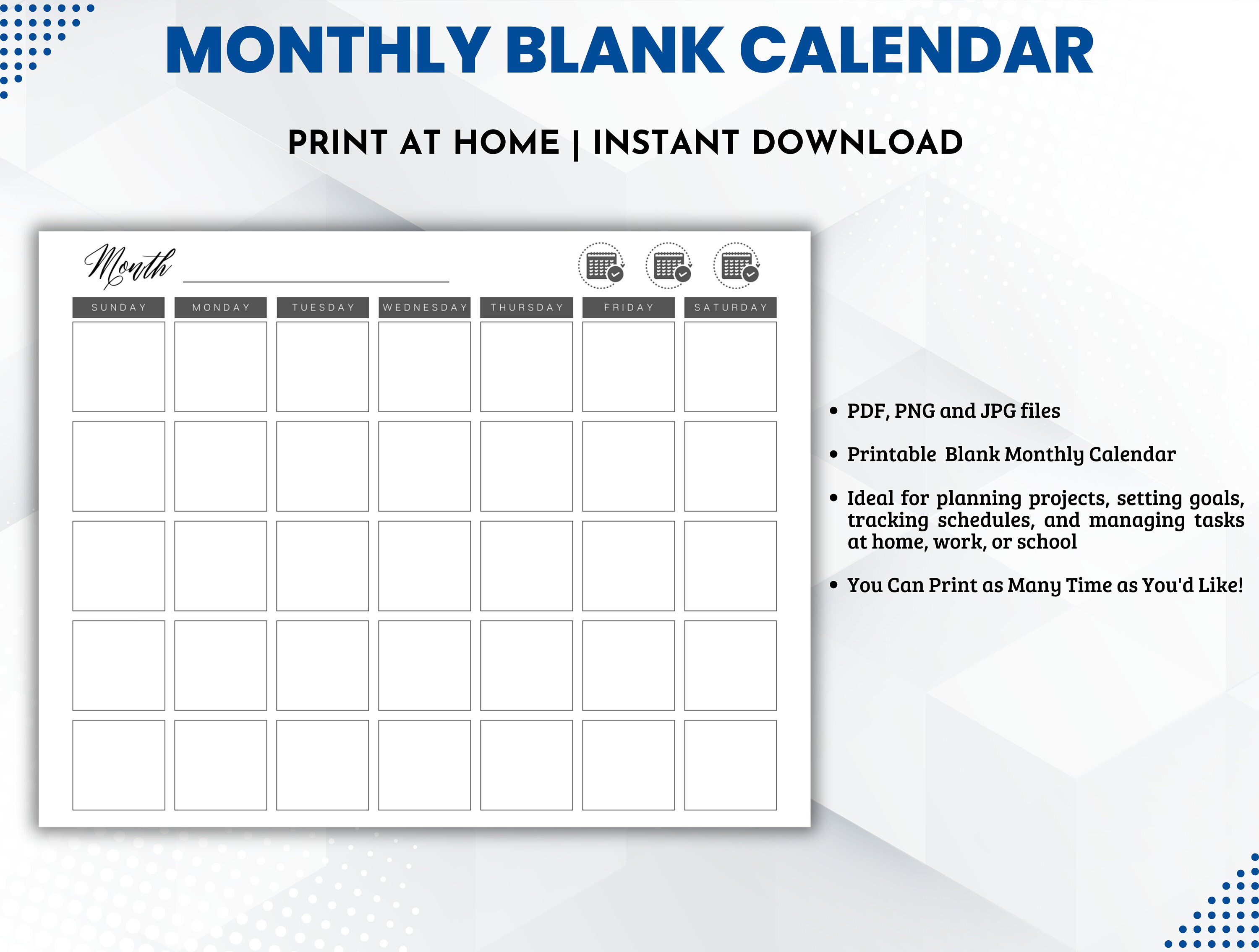 Monthly Blank Calendar Printable - Monday & Sunday Starts - Calendar ...