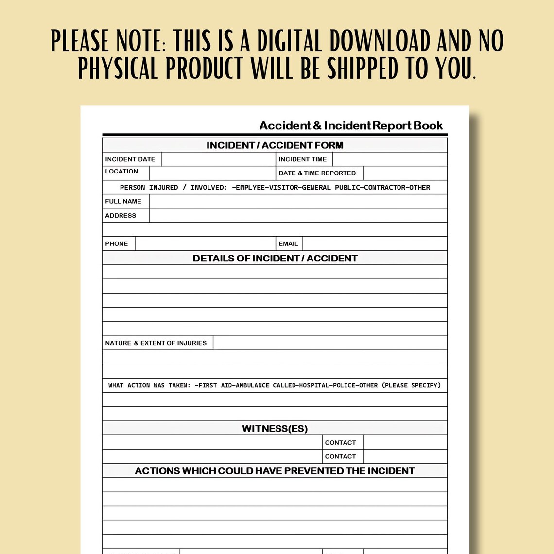 Accident and Incident Report Template: Workplace Injury Form (PDF & PNG ...