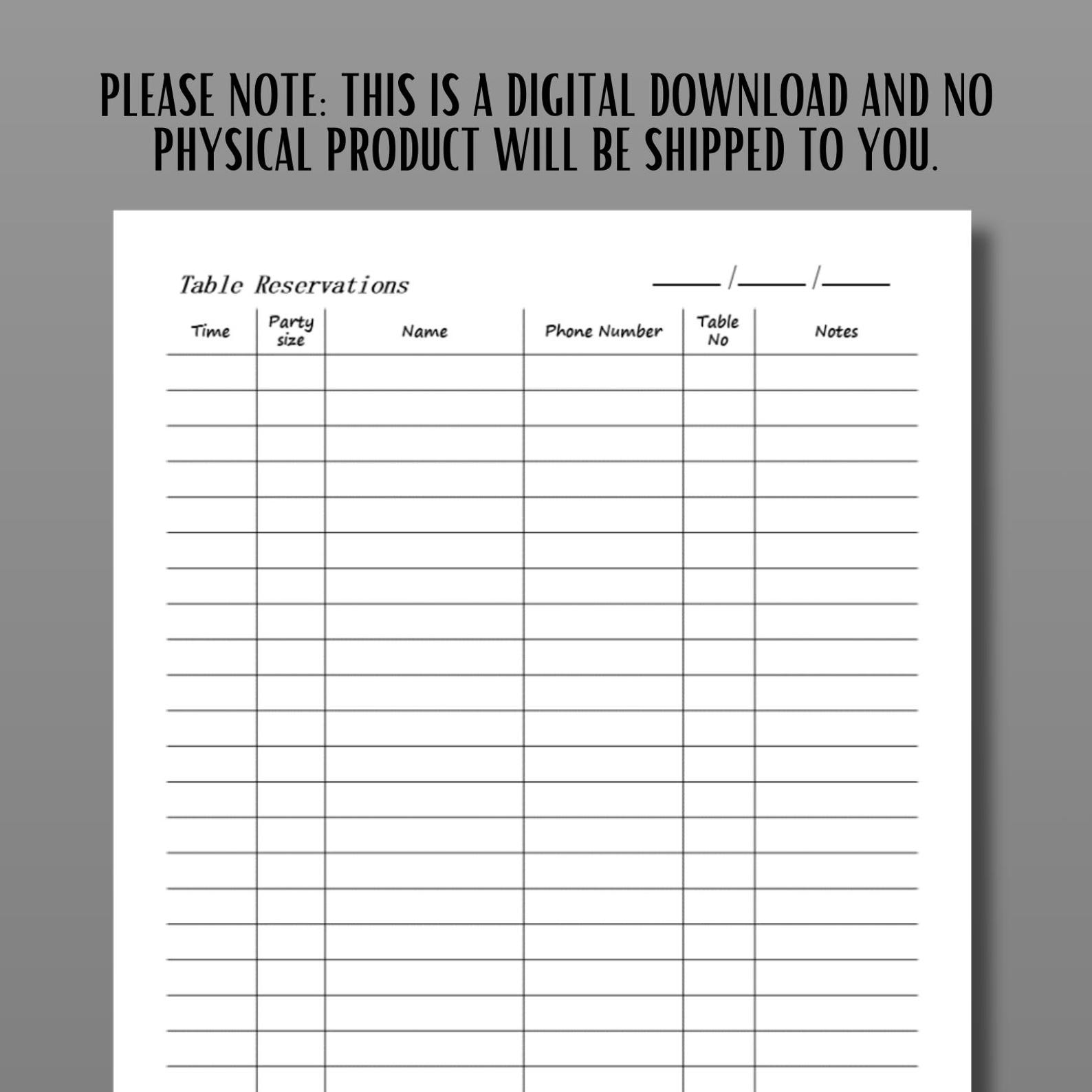 Restaurant Table Reservation Template: Minimalist Tracker (PDF, PNG) - Etsy