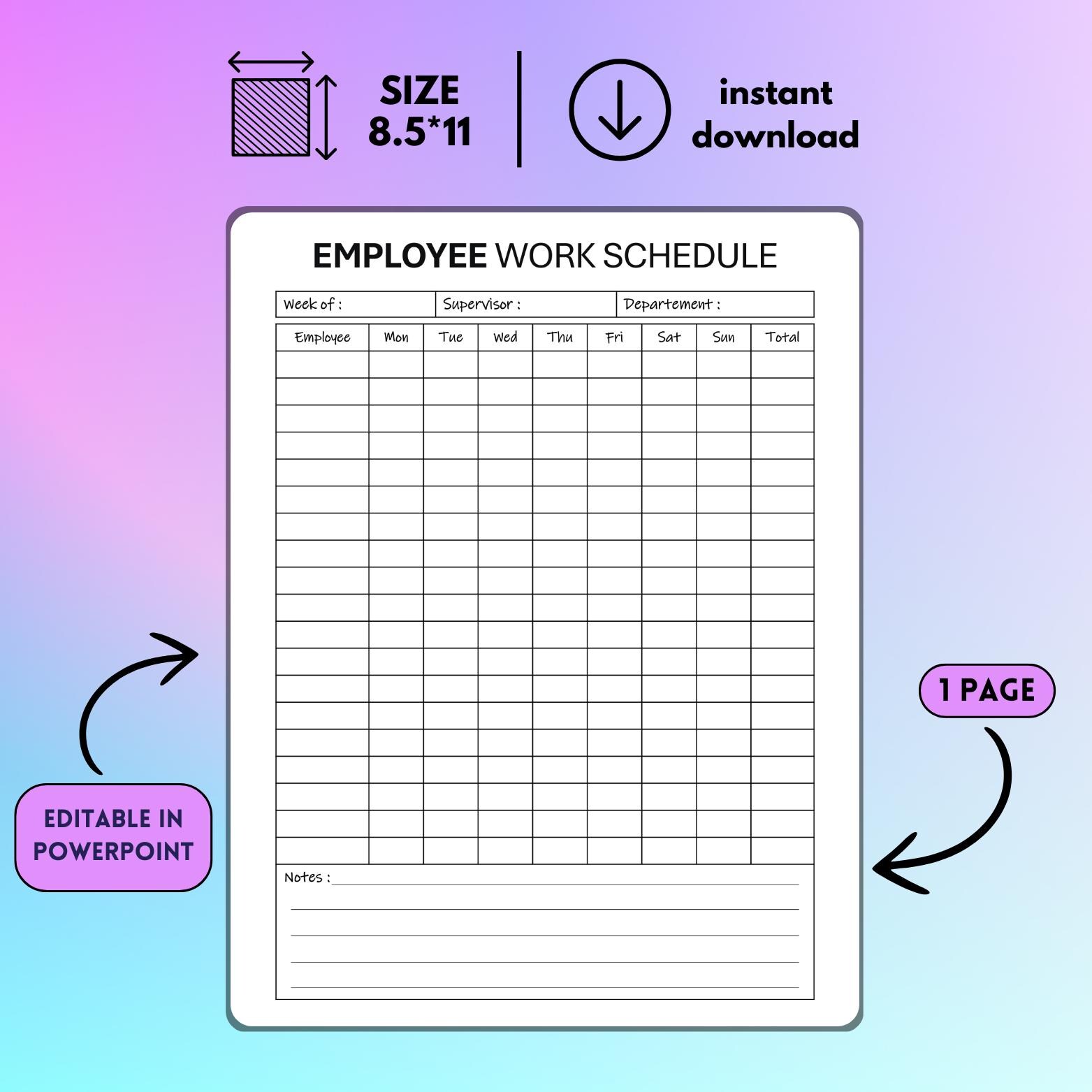 Weekly Employee Work Schedule Template: Printable Staff Planner (PDF ...