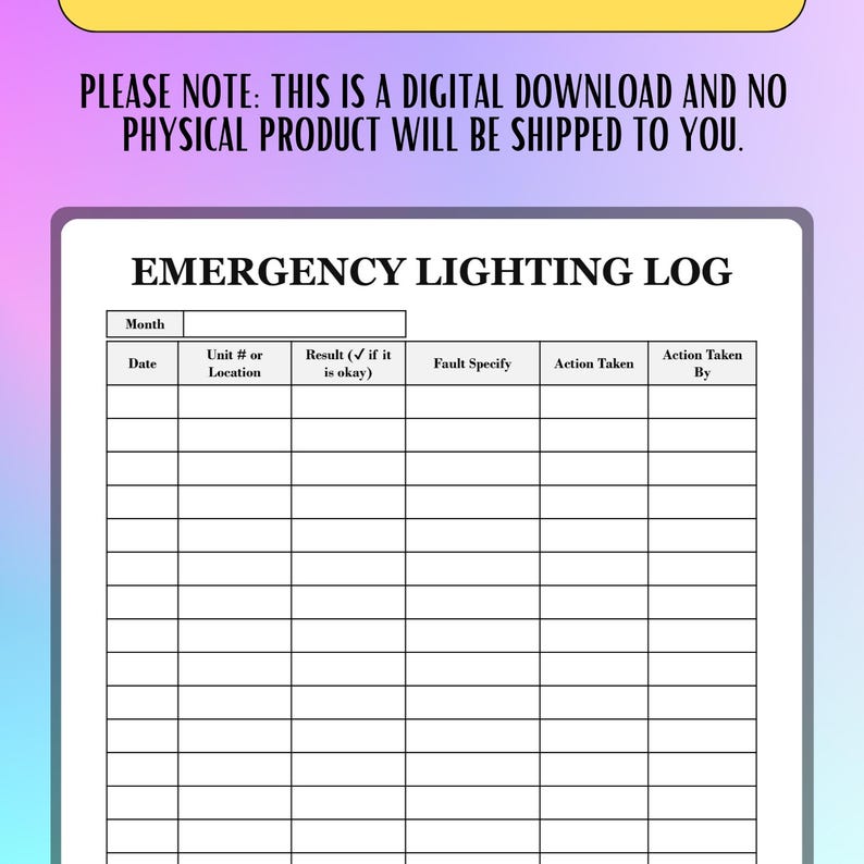Emergency Lighting Log, Inspection & Maintenance Record Sheet, Safety ...