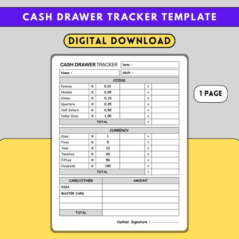 Cash Drawer Count Sheet Printable, Daily Cash Balance Template, Cash ...