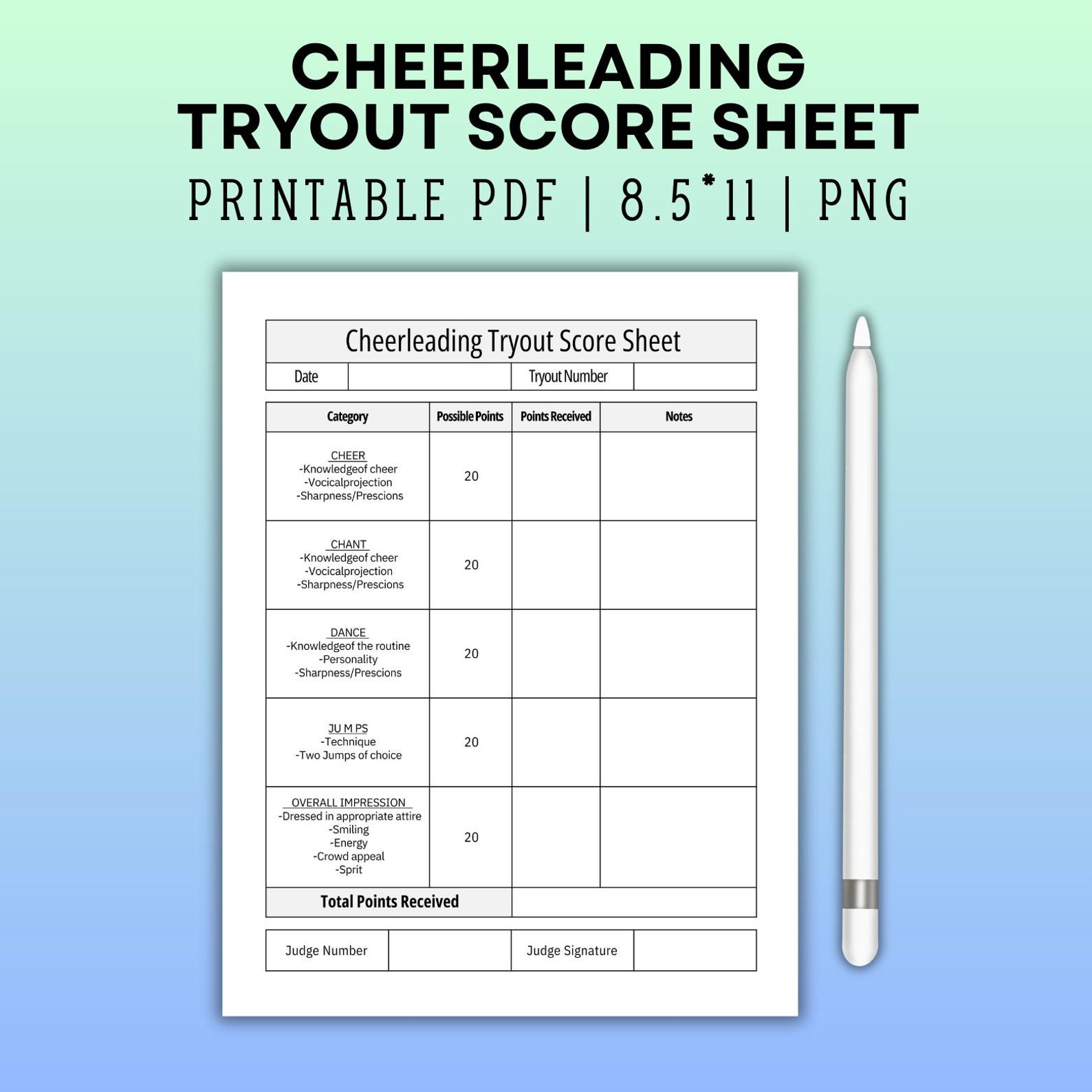 Cheerleading Tryout Score Sheet, Cheer Evaluation Sheets, Cheerleader ...