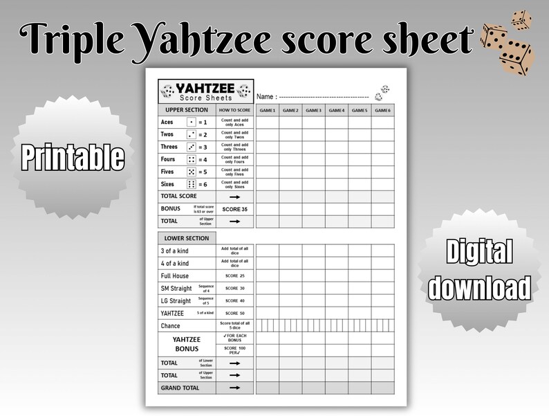 Triple Yahtzee Score Sheets, Yahtzee Score Card, Yahtzee Score Pad ...