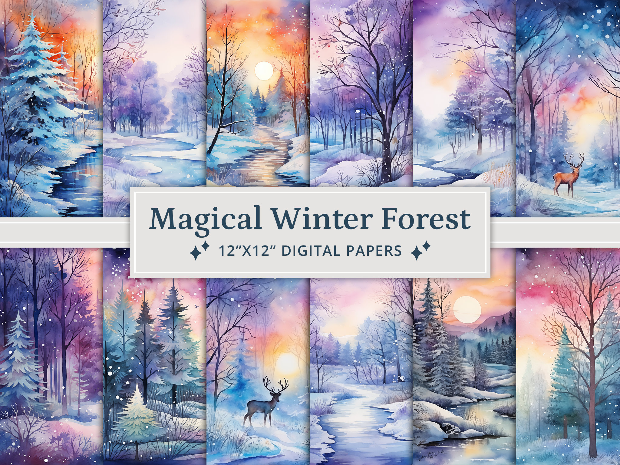 38 Watercolor Magical Winter Forest Digital Papers, Winter Woodland ...