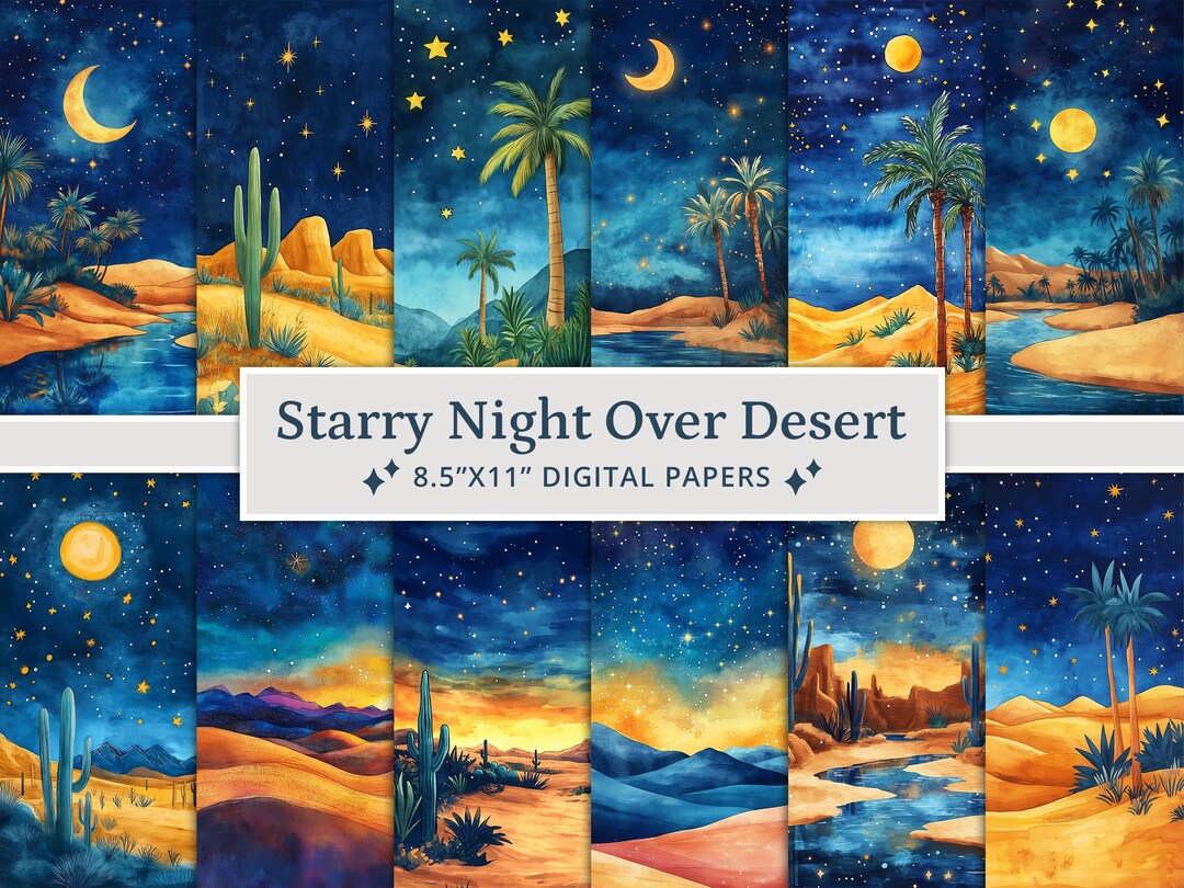 30 Starry Night Over Desert Digital Papers, Desert Oasis, Night Sky ...