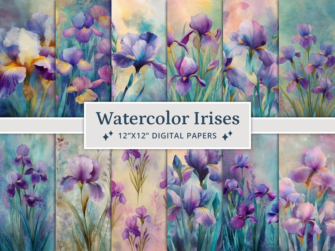 22 Watercolor Iris Digital Papers, Irises, Floral Collage Paper Pack ...