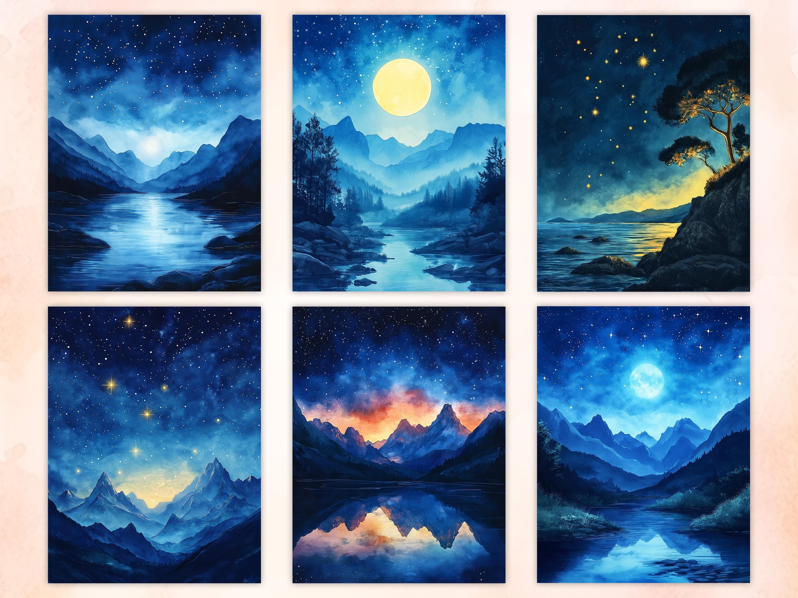 50 Starry Night Over Mountains Digital Papers, Lake, Sunset, Night Sky ...