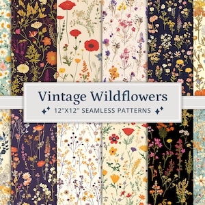24 Vintage Wildflowers Seamless Digital Papers, Wildflower Seamless ...