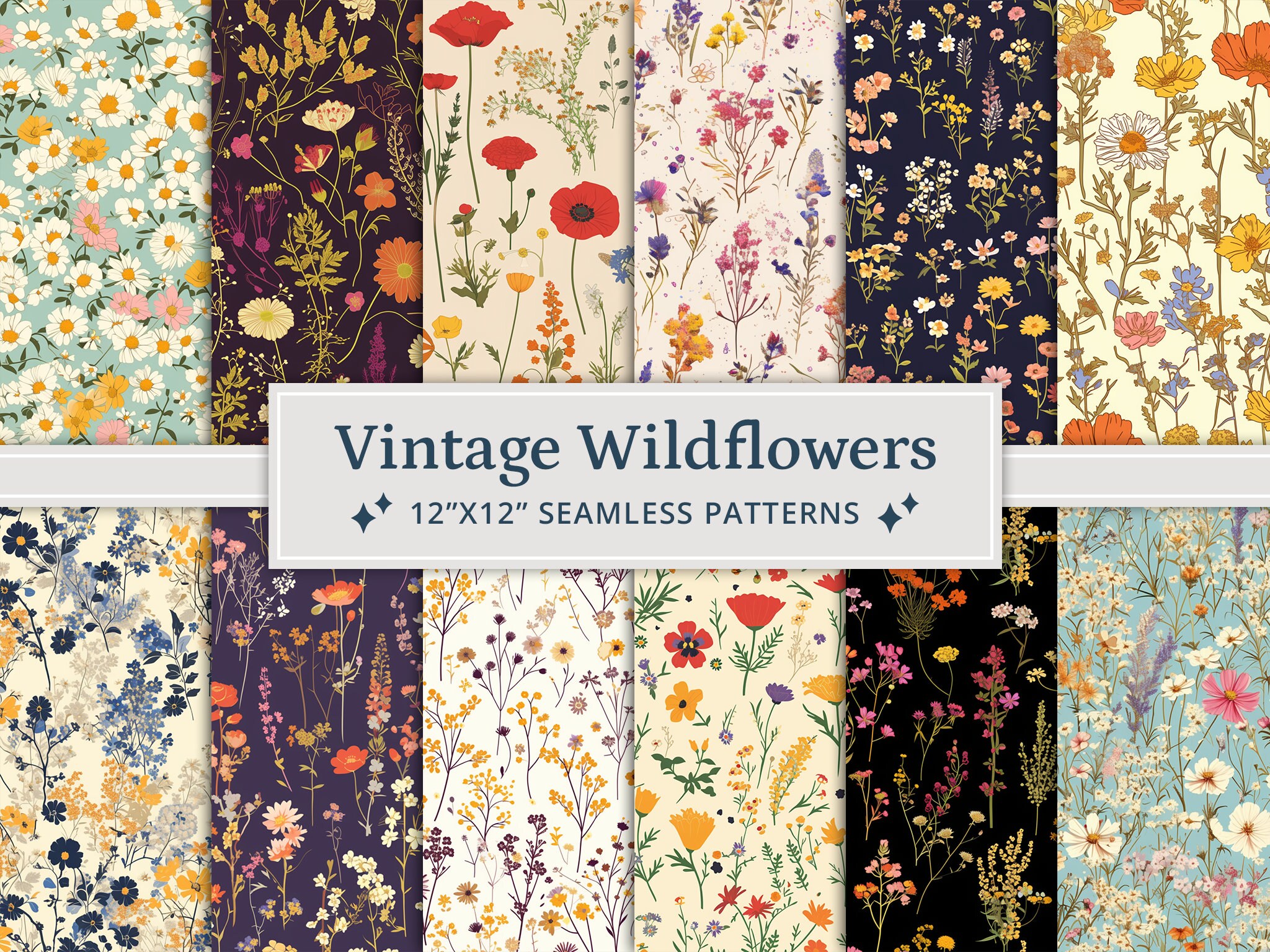 24 Vintage Wildflowers Seamless Digital Papers, Wildflower Seamless ...