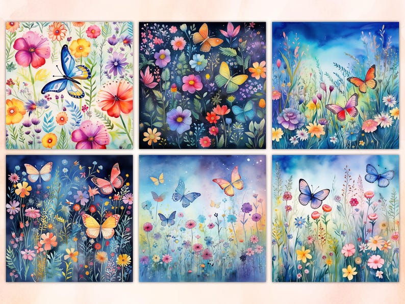 40 Watercolor Wildflowers and Butterflies Digital Papers, Floral ...
