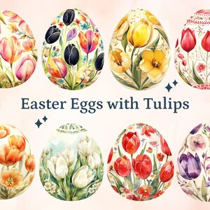 13 PNG Watercolor Easter Eggs With Tulips Clipart, Hand-painted Easter ...