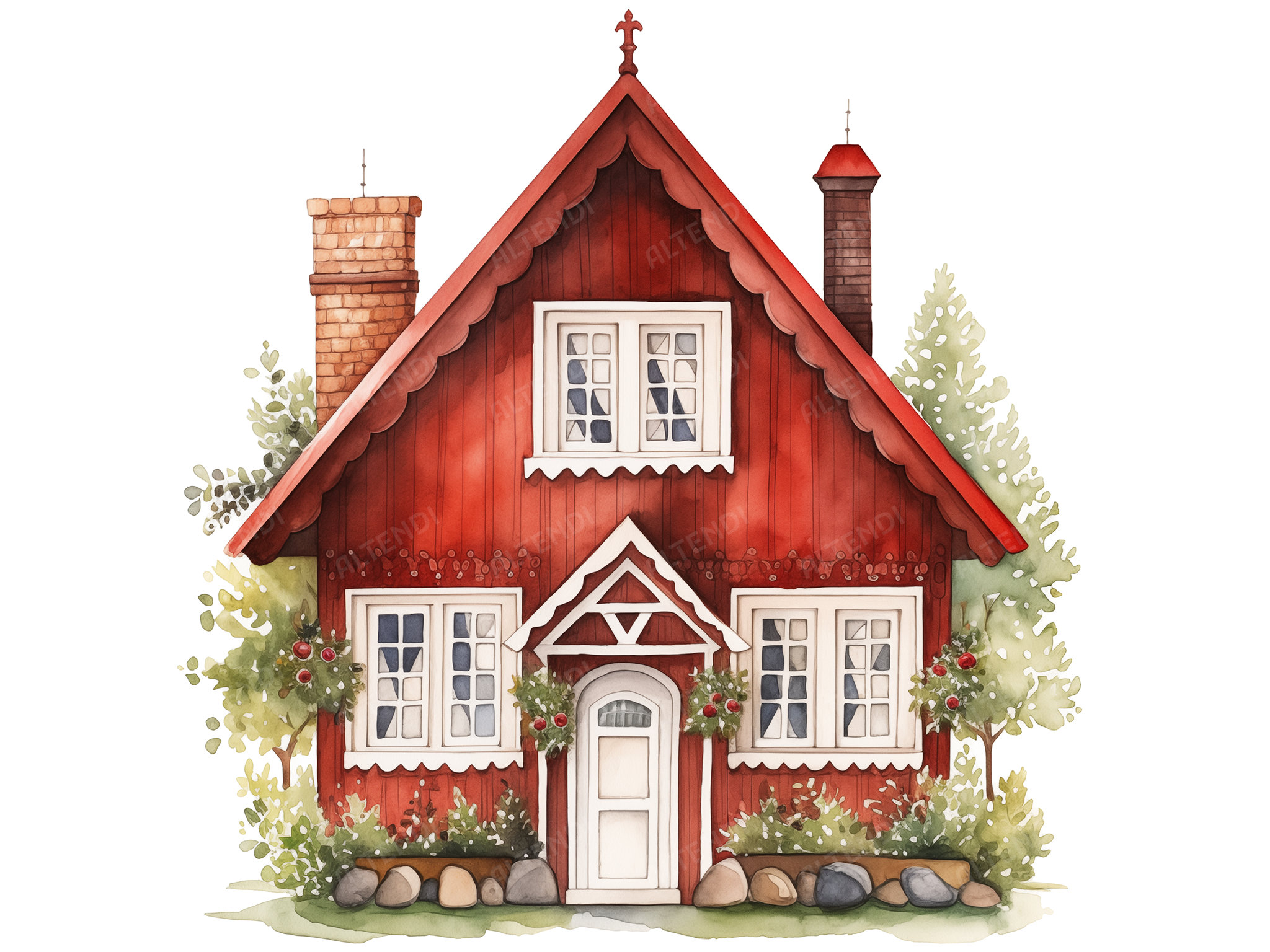 20 Watercolor Whimsical Scandinavian Cottages Clipart, Red Scandinavian ...