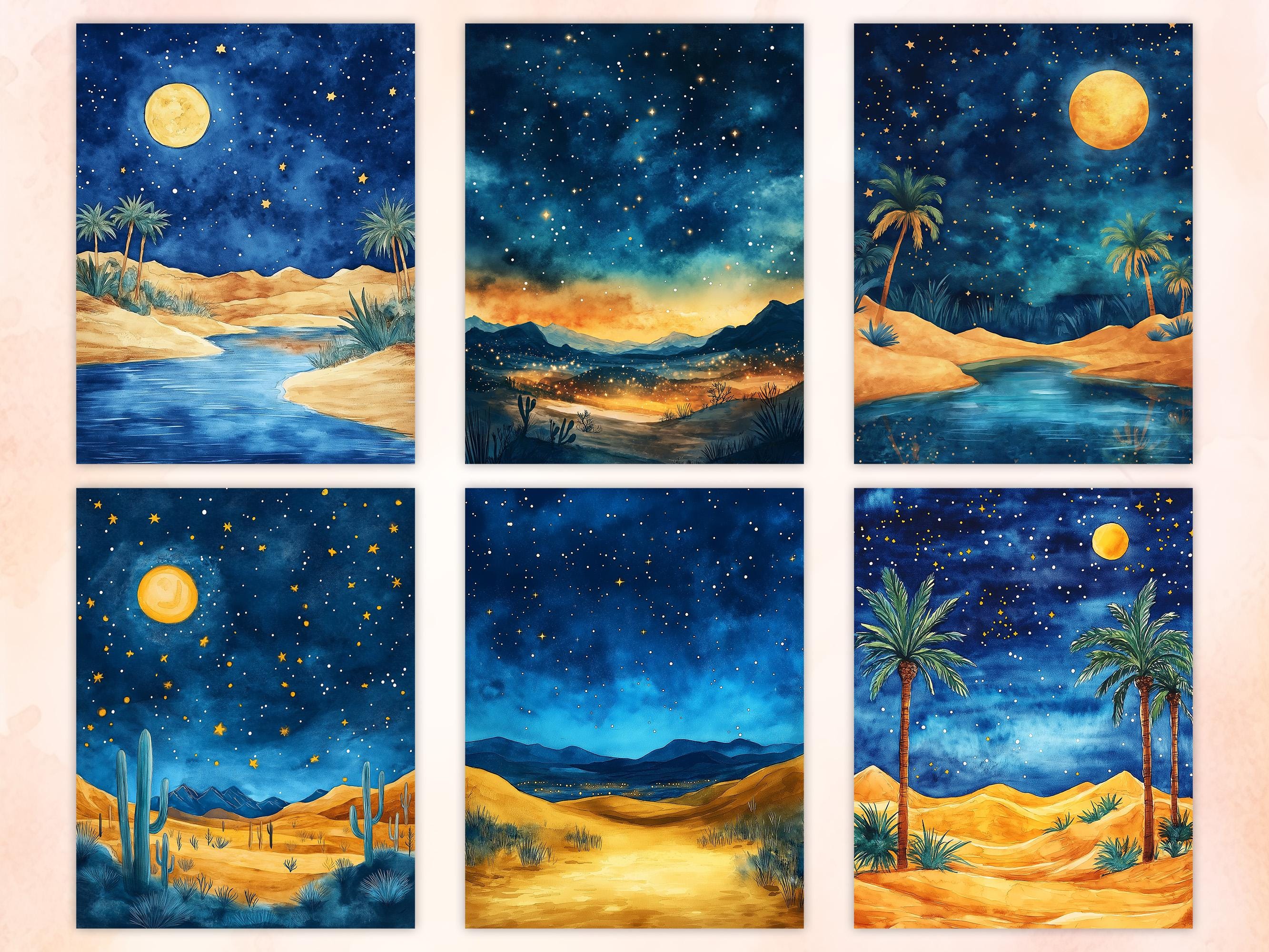 30 Starry Night Over Desert Digital Papers, Desert Oasis, Night Sky ...