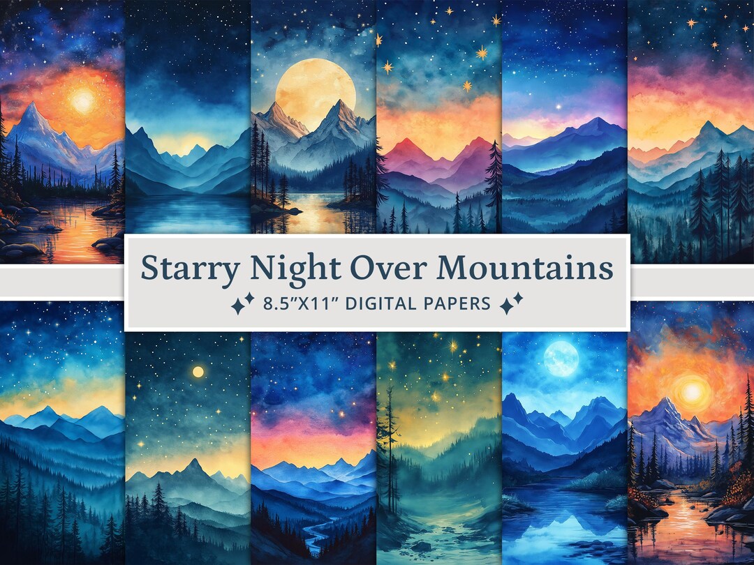 50 Starry Night Over Mountains Digital Papers, Lake, Sunset, Night Sky ...