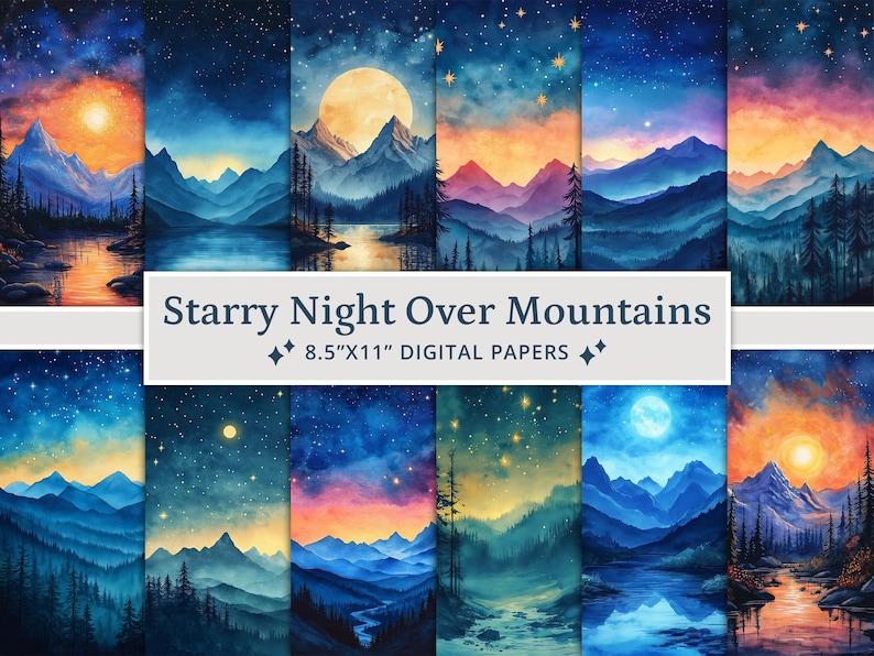 50 Starry Night Over Mountains Digital Papers, Lake, Sunset, Night Sky ...