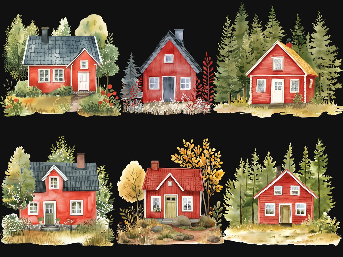 35 PNG Watercolor Scandinavian Cottages Clipart Bundle, Red ...