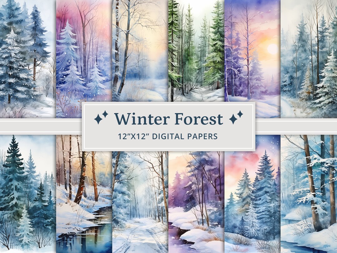 40 Watercolor Winter Forest Digital Paper, Winter Woodland, Winter ...