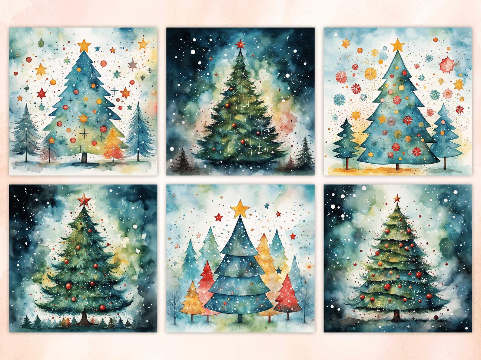 36 Watercolor Whimsical Christmas Tree Digital Papers, Christmas Tree ...