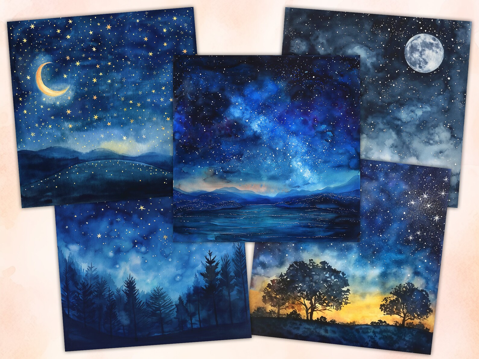 35 Watercolor Starry Night Digital Papers, Night Sky Texture Background ...