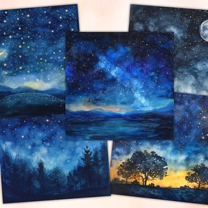 35 Watercolor Starry Night Digital Papers, Night Sky Texture Background ...
