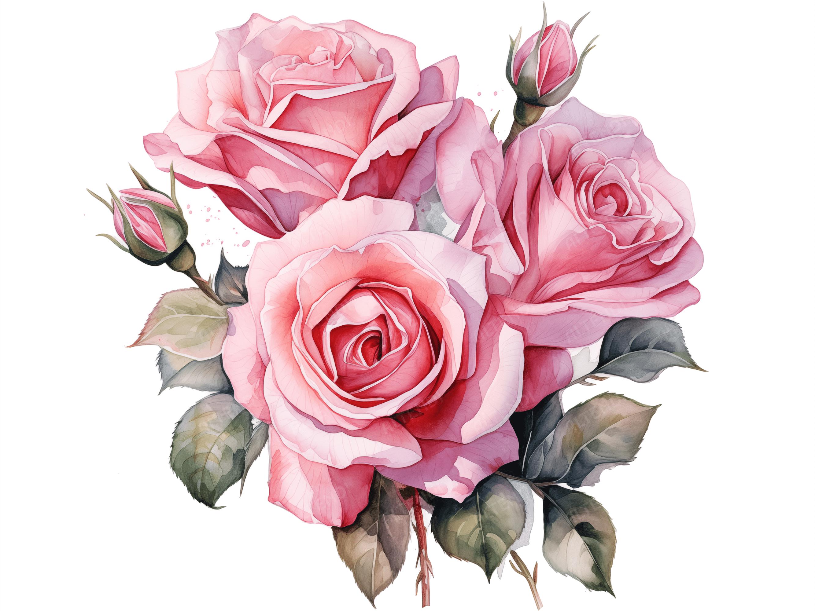 Watercolor Pink Rose Clipart: High-resolution Floral Bouquet (JPG ...